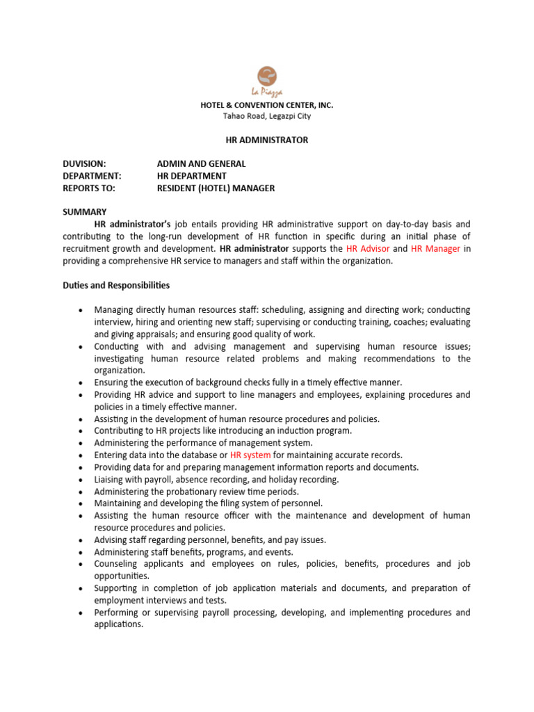HR Administrator Job Responsibilities | PDF | Human Resource Management ...