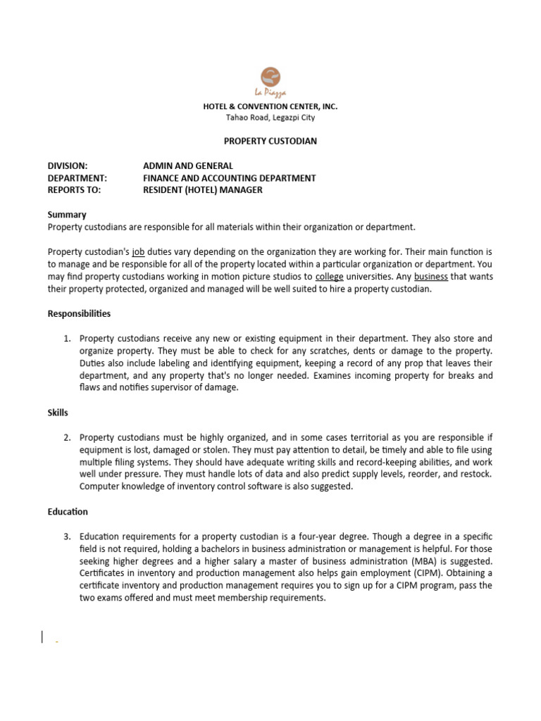 Job Description of A Property Custodian | PDF | Inventory | Master Of Business Administration