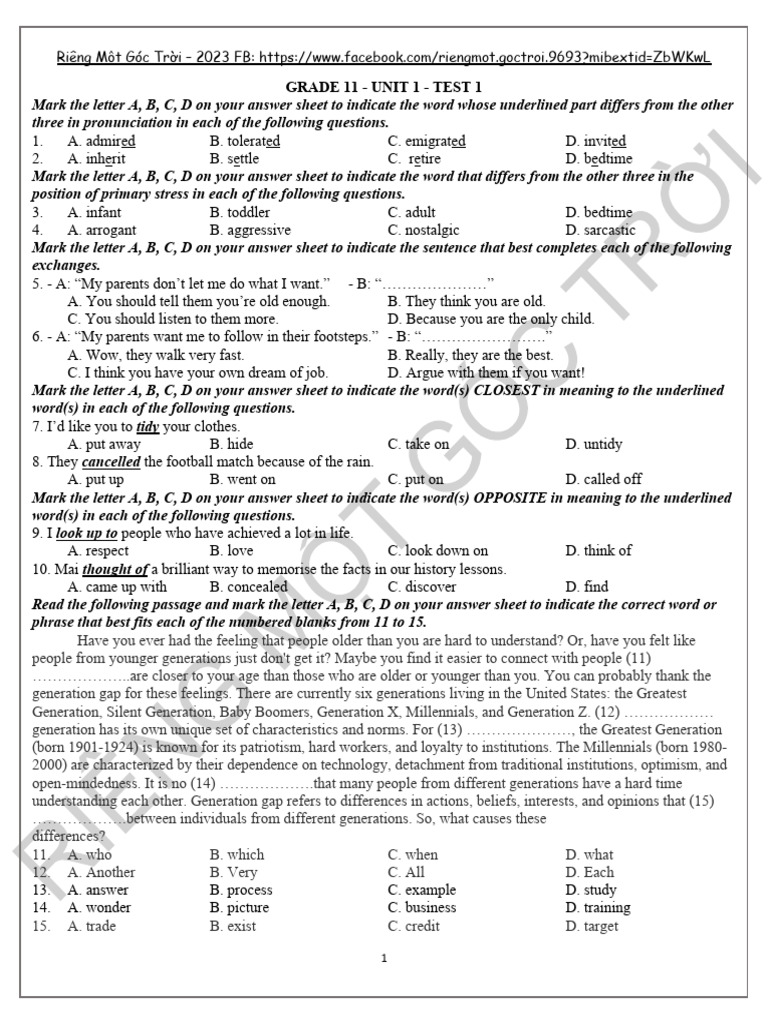 GRADE 11 - UNIT 1 - TEST 1 - ĐỀ | PDF | Millennials | Behavioural Sciences
