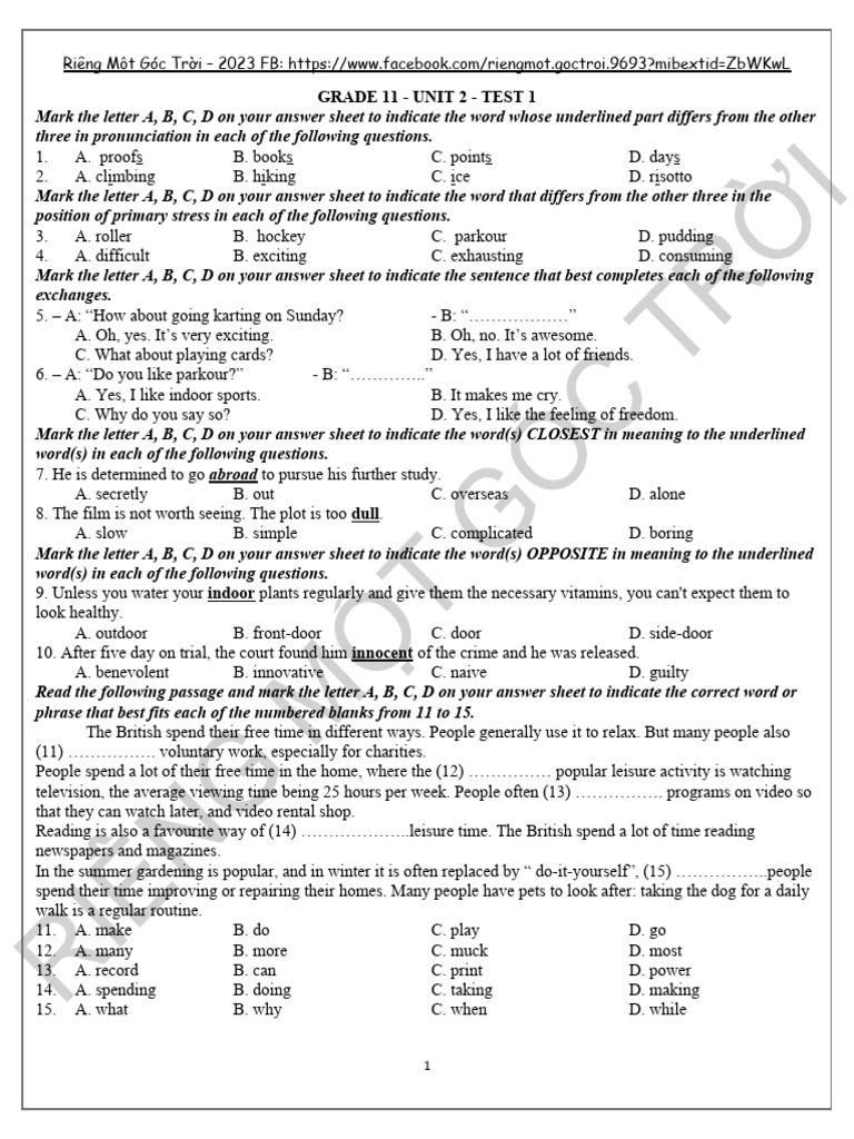 GRADE 11 - UNIT 2 - TEST 1 - ĐỀ | PDF | Hobbies | Sports