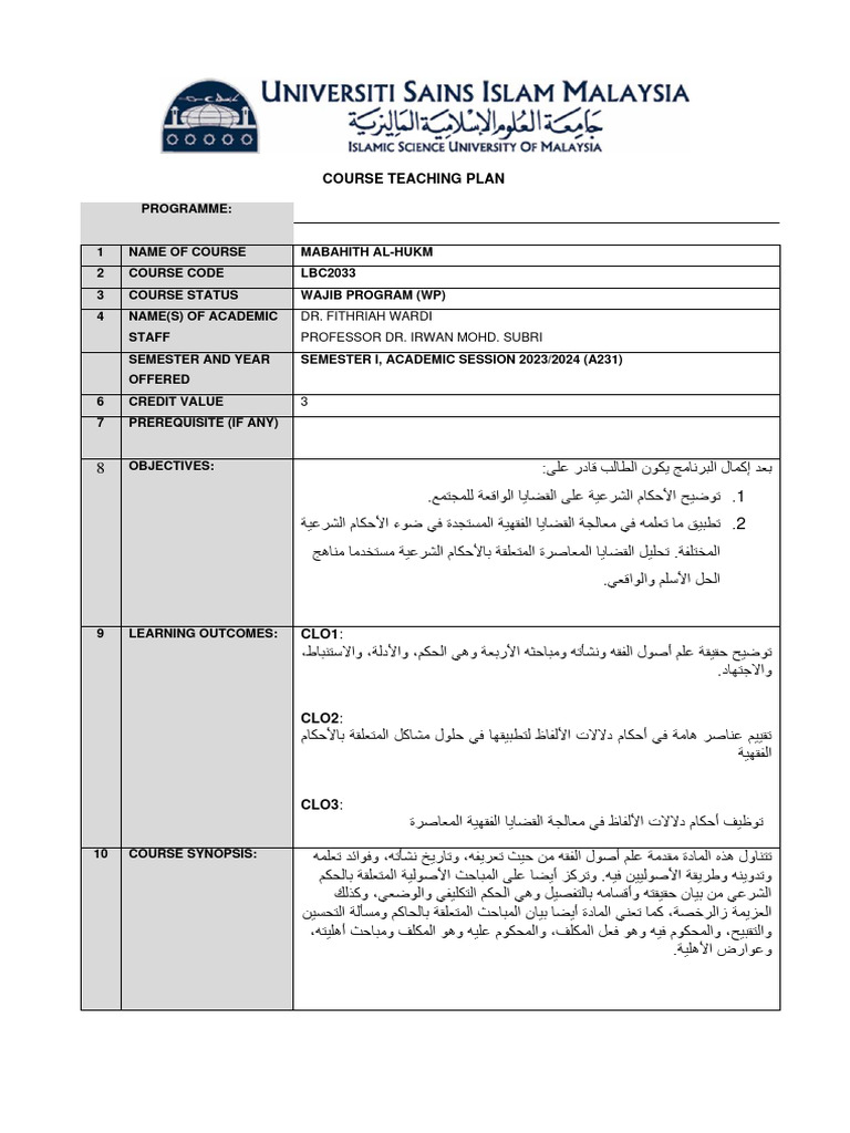 COURSE TEACHING PLAN (CTP)LBC2033 A231 الخطة | PDF