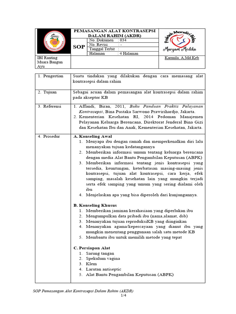Pemasangan Alat Kontrasepsi Dalam Rahim (Akdr) | PDF