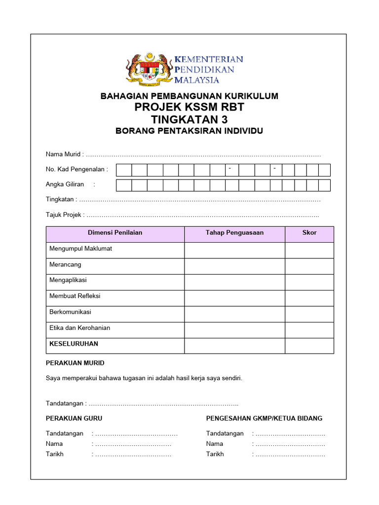 Projek KSSM RBT Tingkatan 3: Bahagian Pembangunan Kurikulum | PDF | Seni