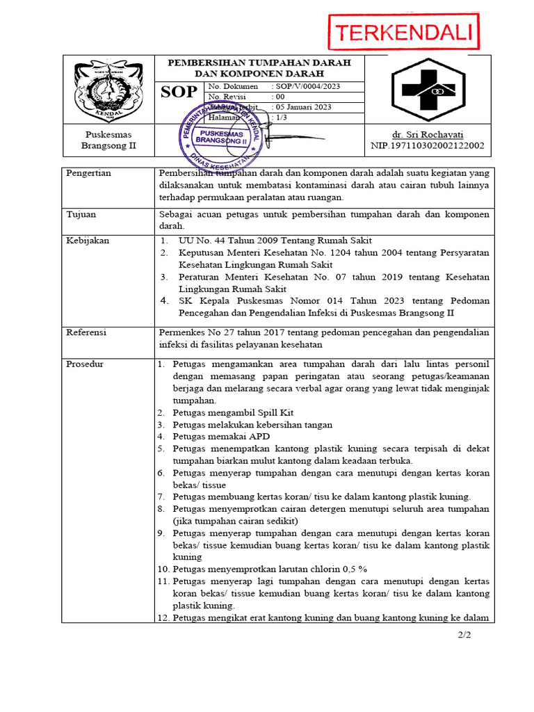 Sop Penanganan Tumpahan Darah | PDF | Sains & Matematika