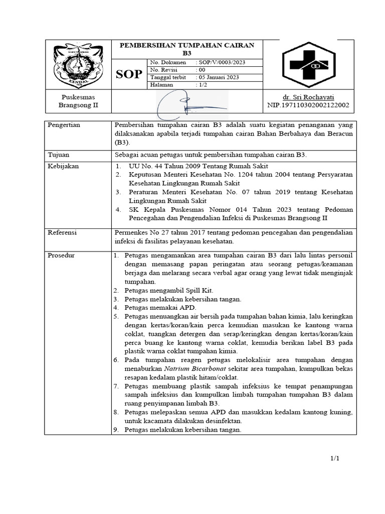 Sop Penanganan Tumpahan b3 | PDF | Sains & Matematika