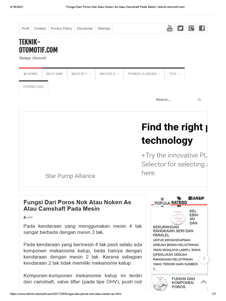 Fungsi Dari Poros Nok Atau Noken As Atau Camshaft Pada Mesin | PDF