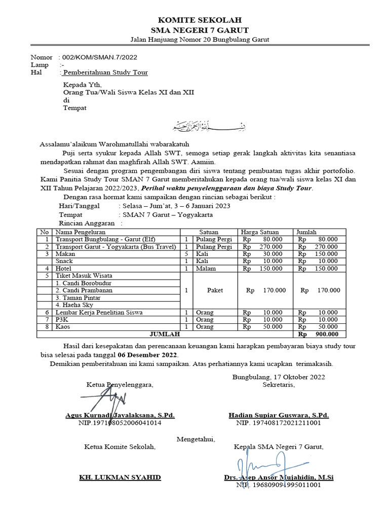 Surat Pemberitahuan Study Tour | PDF