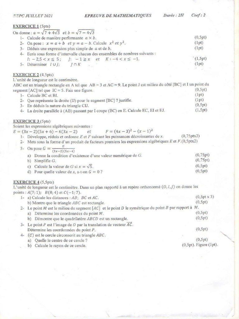Preuve Bepc 2021 Mathematiques Togo | PDF Preuve Bepc 2021 Mathematiques Togo | PDF