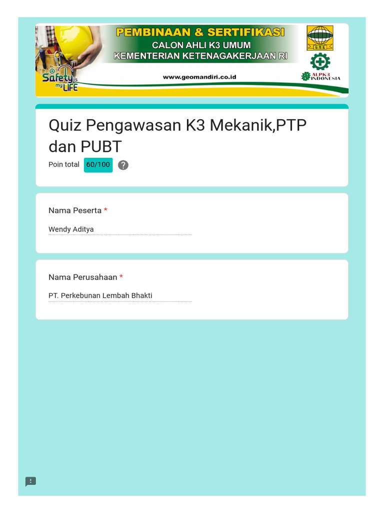 Quiz 3 - Pengawasan K3 Mekanik, PTP Dan PUBT | PDF