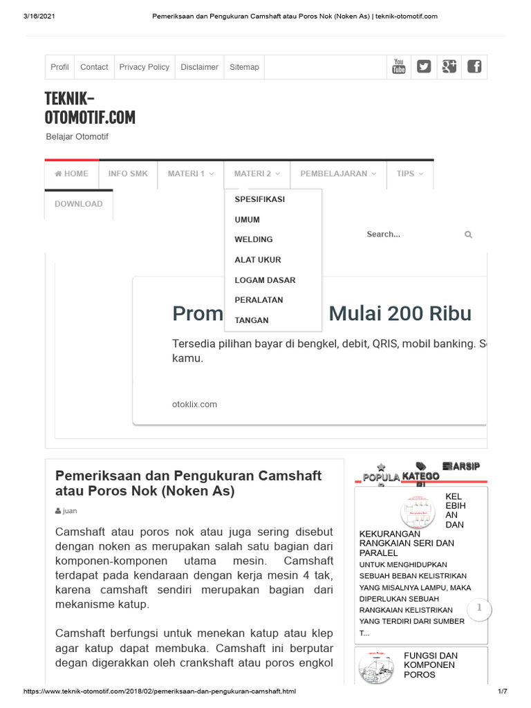 Pemeriksaan Dan Pengukuran Camshaft Atau Poros Nok (Noken As) | PDF