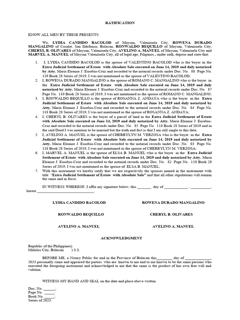 RATIFICATION for deed of absolute of sale | PDF | Civil Law (Common Law ...