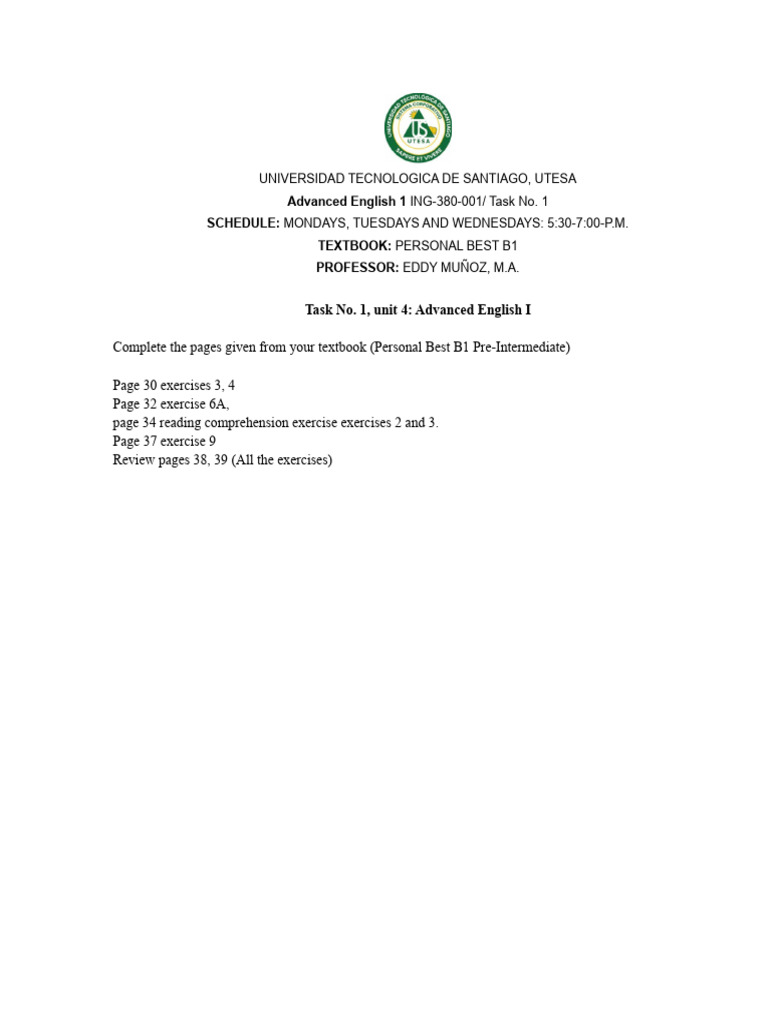 Task 1, Unit 4 (Personal Best)-Advanced English 1 | PDF