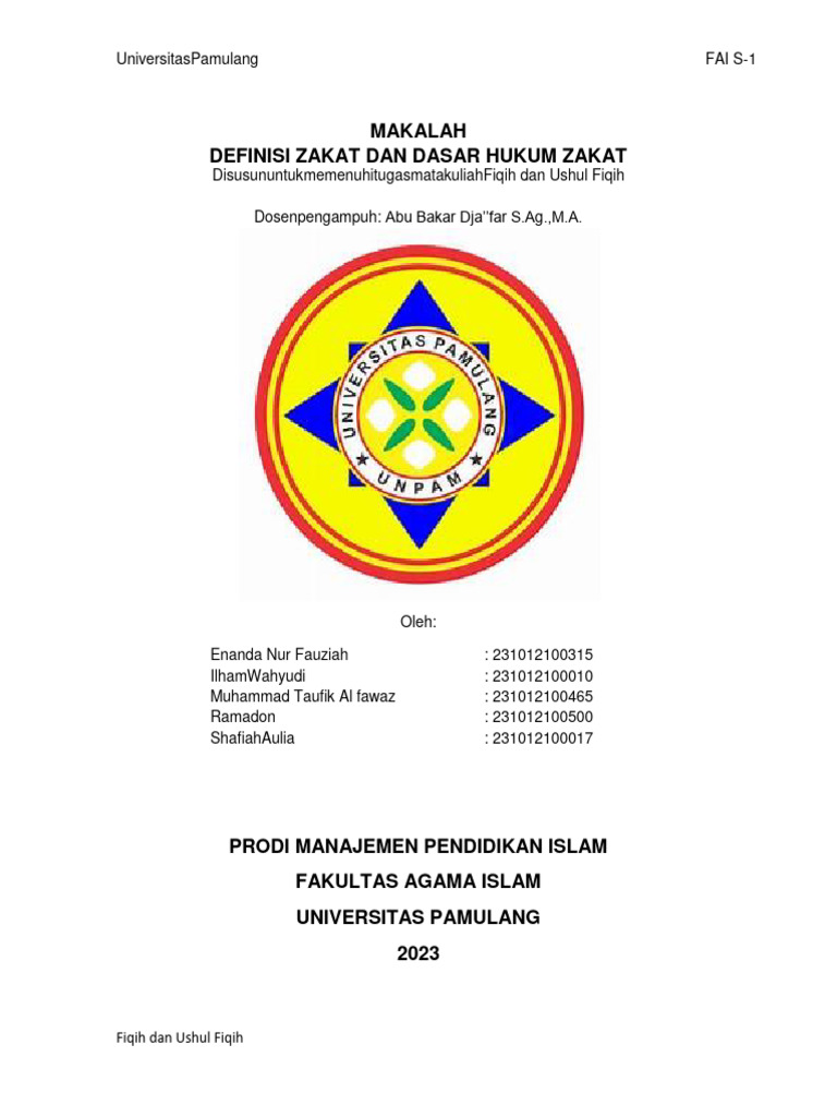 MAKALAH FIQIH ZAKAT MPI Unpam | PDF