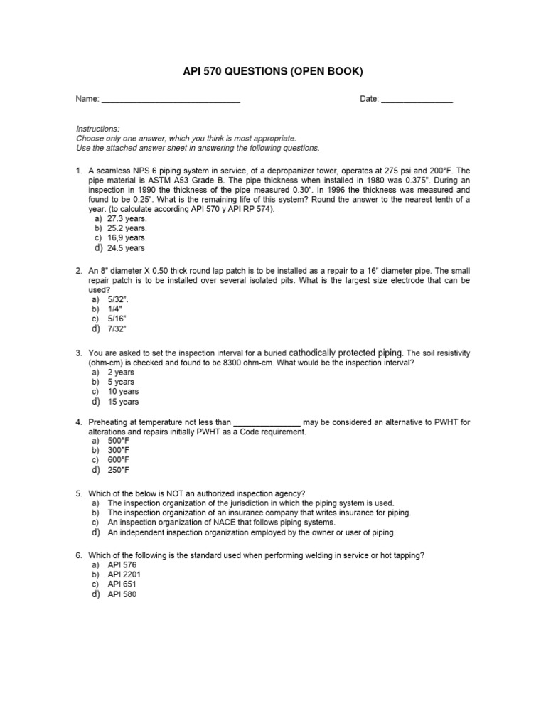 FINAL EXAMINATION API 570 Open book | PDF | Pipe (Fluid Conveyance ...