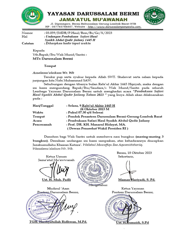Surat Undangan Pembukaan Haul 2023 Wali Santri MTs | PDF | Agama ...