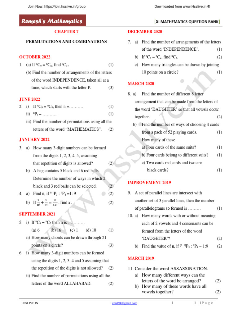 Hsslive-Xi-Maths-Qb-7. PERMUATIONS AND COMBINATIONS | PDF | Permutation ...