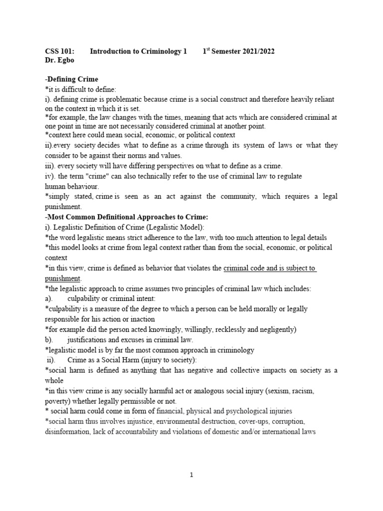 CSS 101 Intro Criminology 100 Level Comprehensive Lecture | PDF ...
