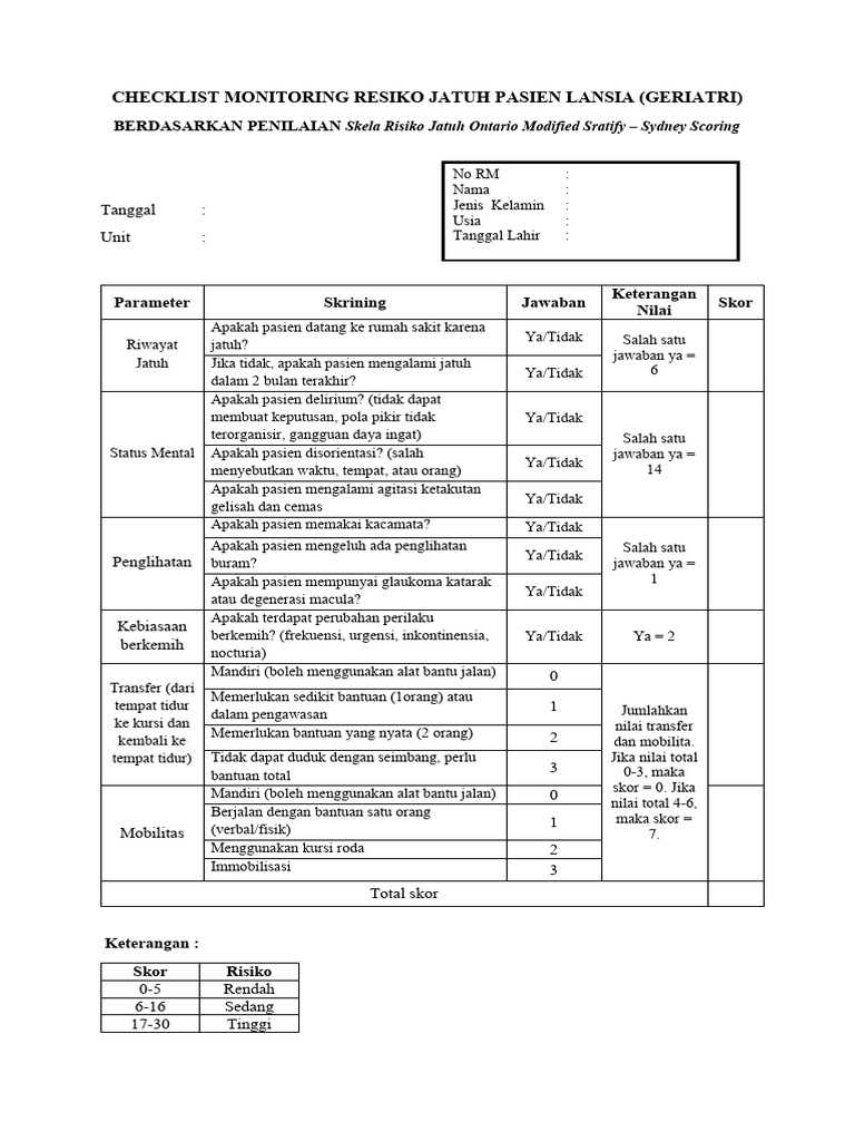 Checklist Monitoring Resiko Jatuh Pasien Lansia | PDF