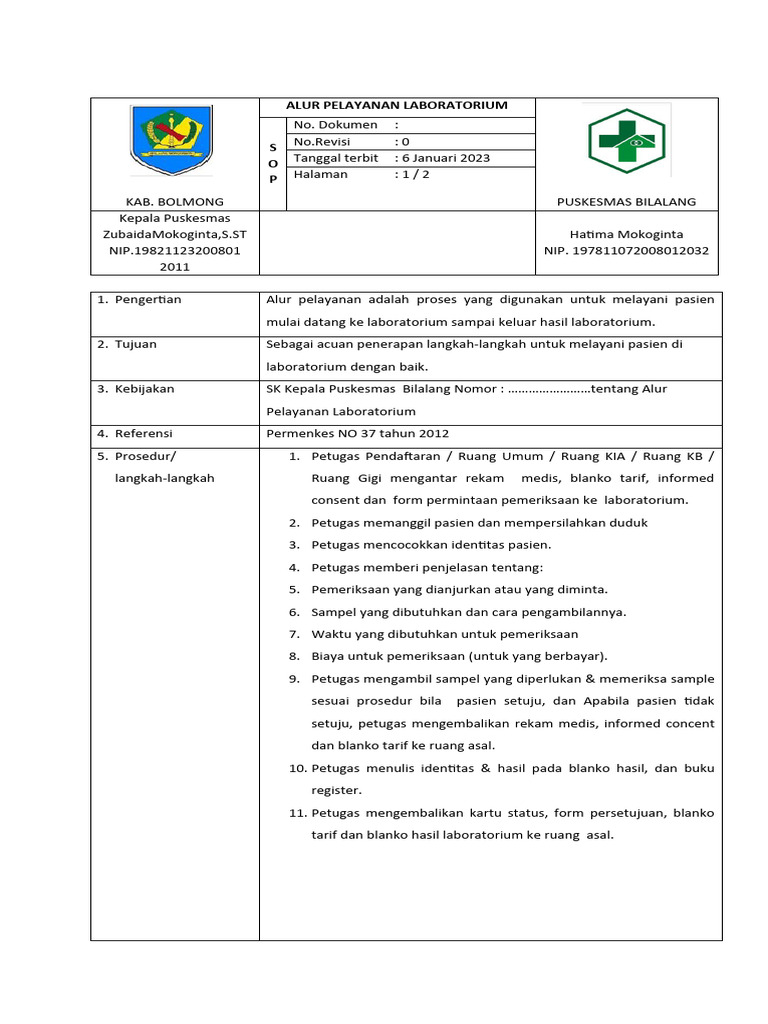 Sop Alur Pelayanan Laboratorium | PDF