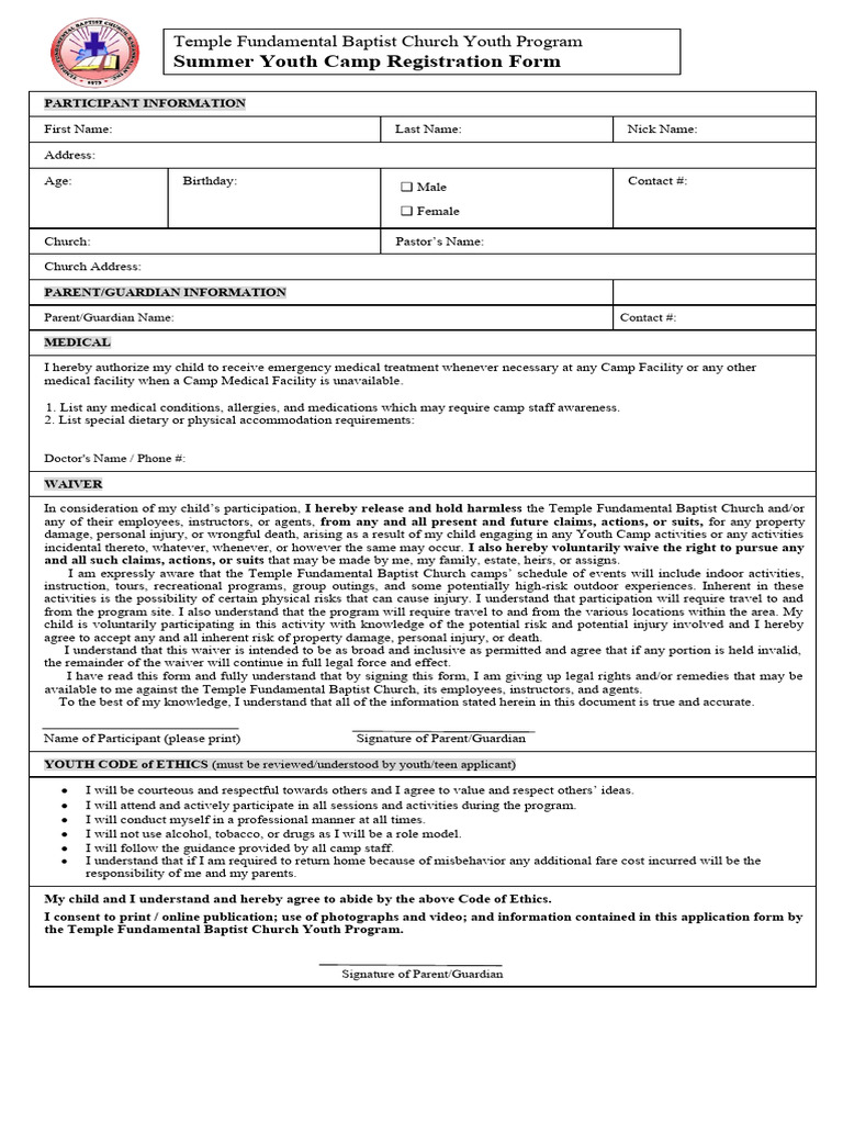 Youth Camp Registration Form and Waiver - 2023 | PDF