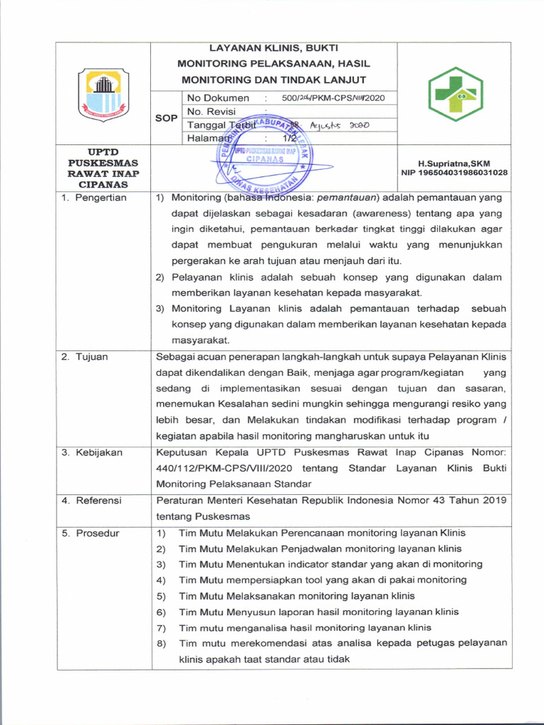 3.2.1 EP 1 SOP Dan DT LAYANAN KLINIS, BUKTI MONITORING PELAKSANAAN, HASIL MONITORING TINDAK ...