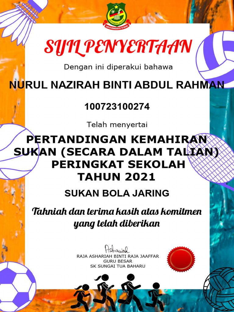 Sijil Penyertaan Pertandingan Kemahiran Sukan 2021 Nama | PDF