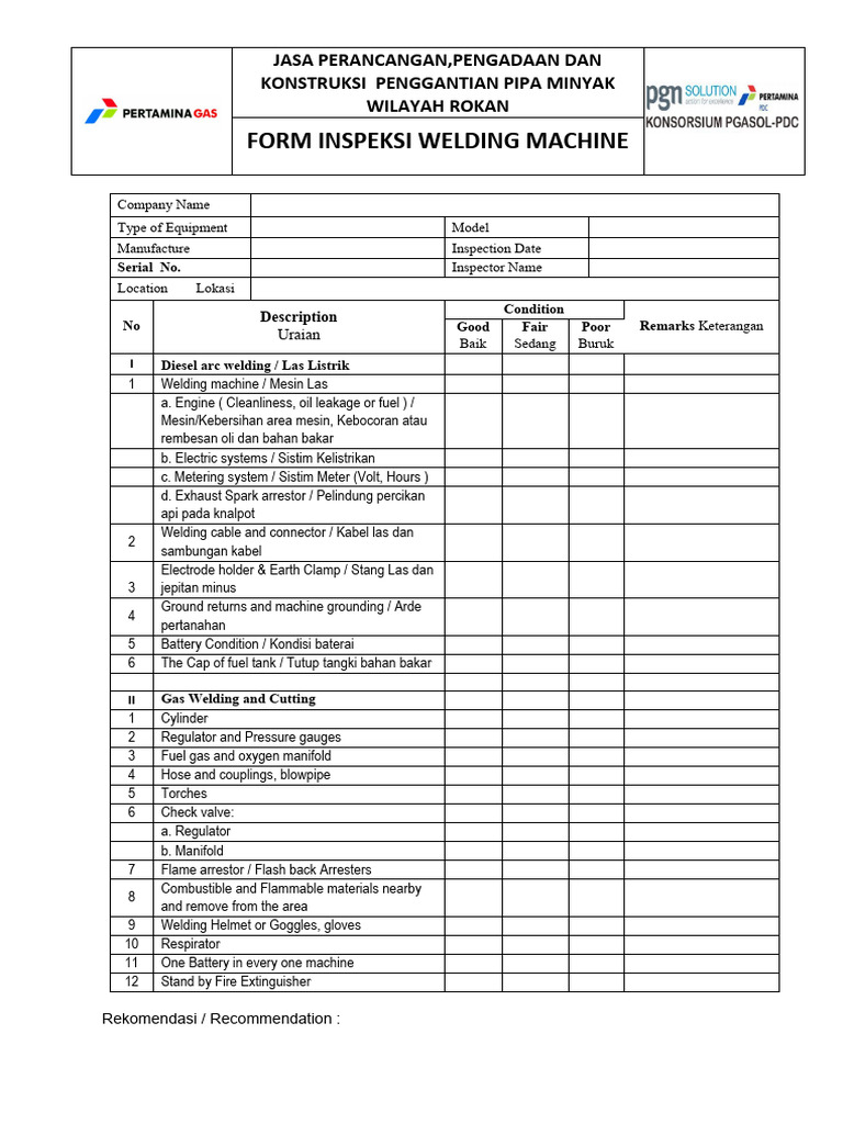 Form Inspeksi Mesin Las Konstruksi | PDF | Welding | Construction