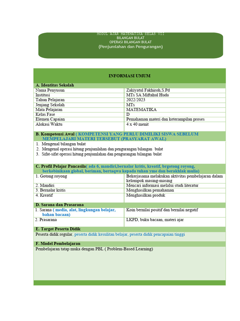 Modul MTK Kls 7 Ky RPP | PDF