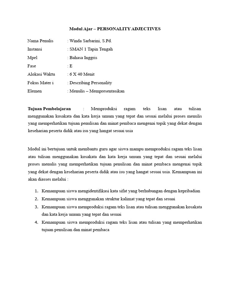 Modul Ajar Bahasa Inggris - PERSONALITY ADJECTIVES - Fase E | PDF