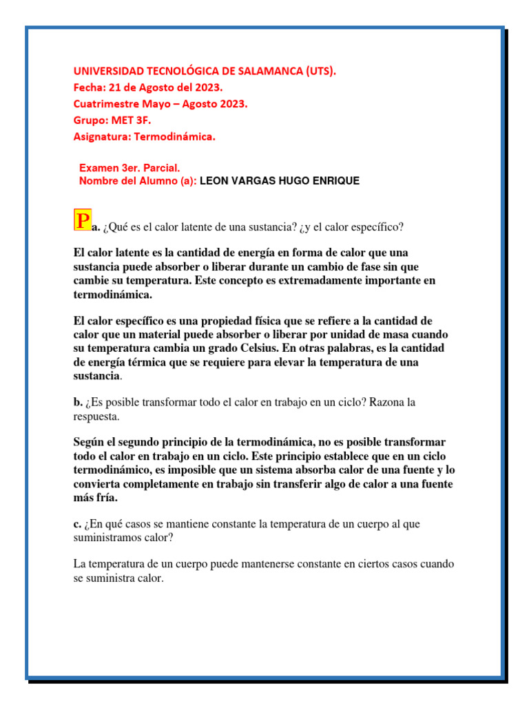 MET 3F. Examen 3er. Parcial. Termodinámica. HUGO LEON MET 3F | PDF | Calor | Temperatura