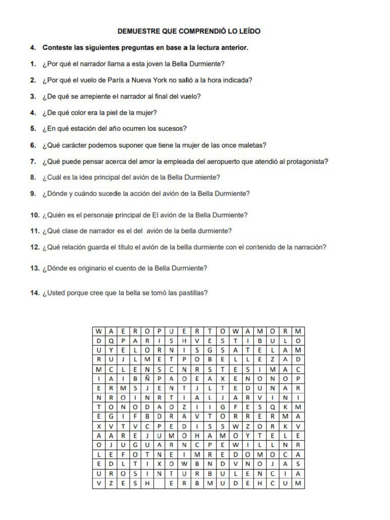 Comprensión Lectora El Avión de La Bella Durmiente | PDF