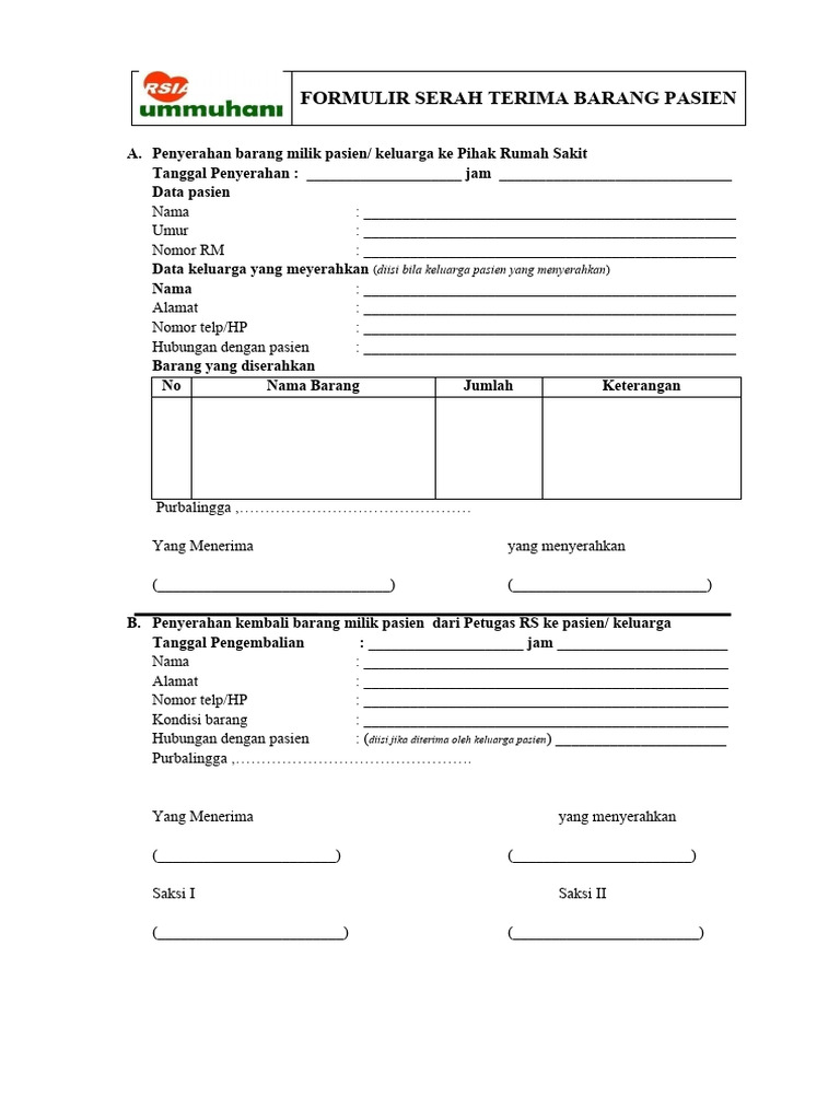 Formulir Serah Terima Barang Pasien (Security) | PDF