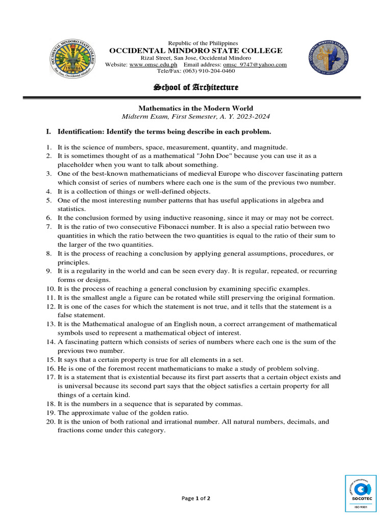 Mathematics in The Modern World Midterm Examination | PDF | Numbers | Mathematics