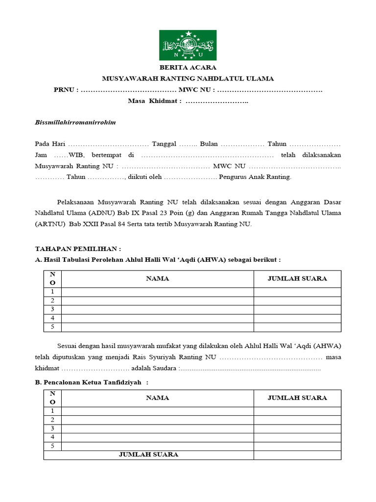 Berita Acara Musyawarah Ranting Nu | PDF