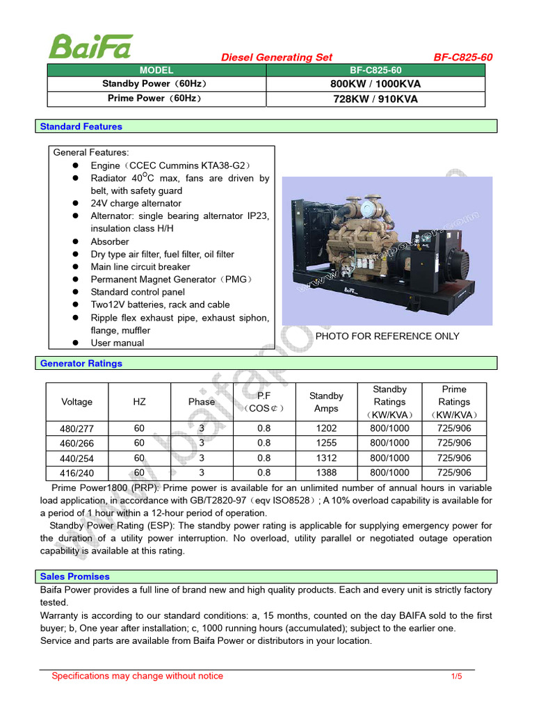 Diesel Generating Set BF-C825-60: Standby Power 60Hz Prime Power 60Hz ...