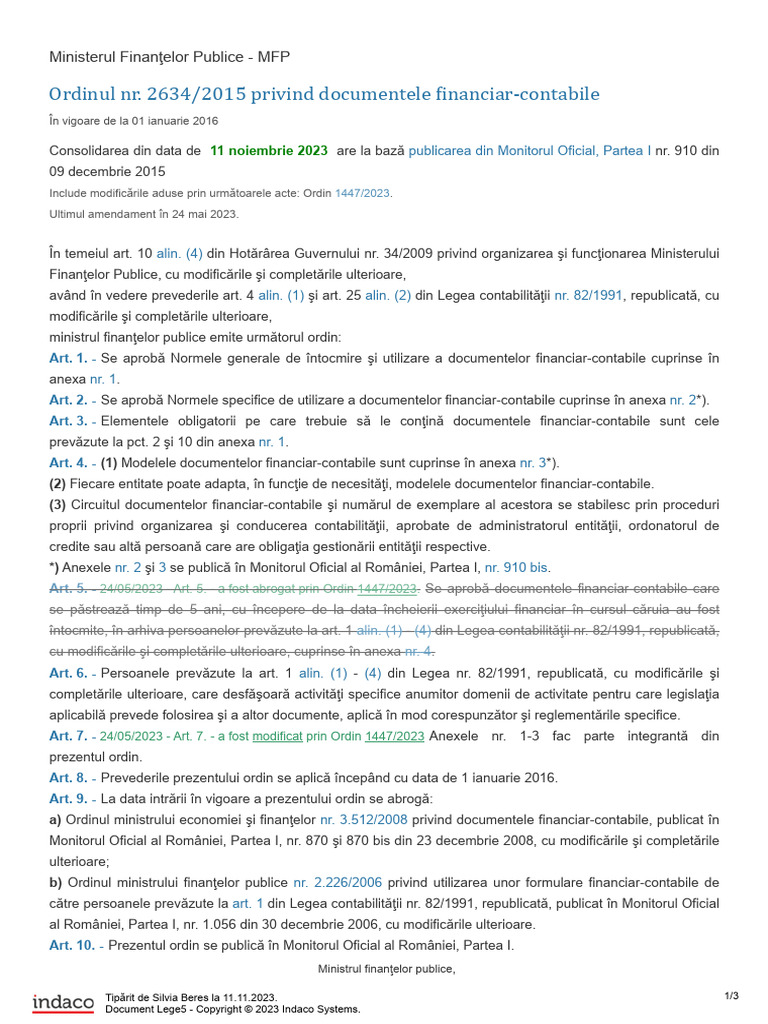 Ordinul NR 2634 2015 Privind Documentele Financiar Contabile | PDF