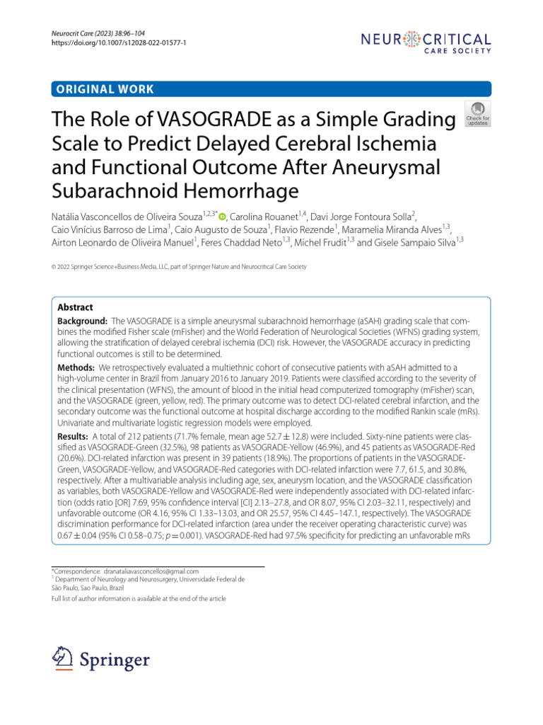 The Role of VASOGRADE As A Simple Grading Scale To Predict Delayed ...