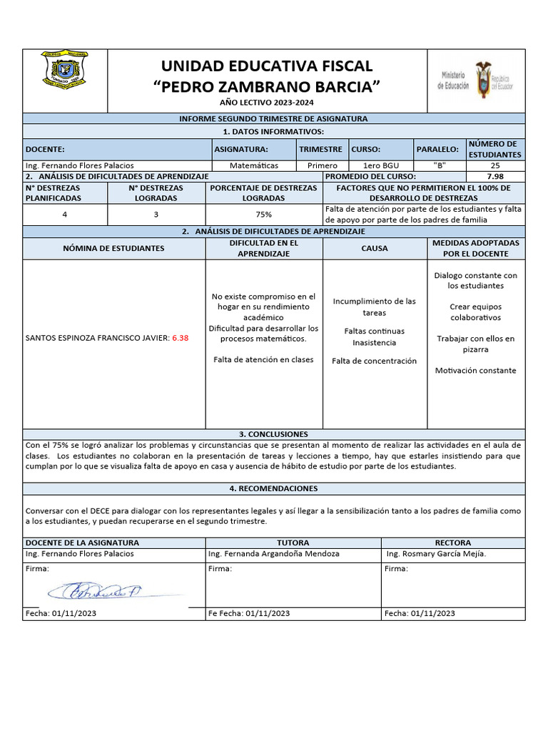 Formato Informe de Notas Al Tutor 1ero B | PDF | Maestros | Aprendizaje
