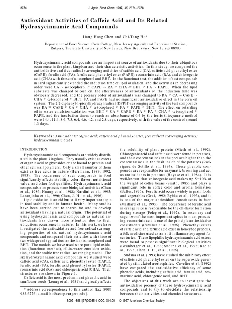 Antioxidant Activities of Caffeic Acid and Its Related Hydroxycinnamic ...