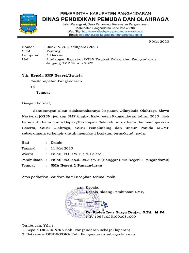 Undangan Kegiatan O2SN Tk. Kabupaten Pangandaran Tahun 2023 | PDF