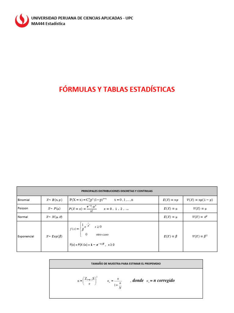 Fórmulas y Tablas de Estadística UPC | PDF | Modelos estadísticos | Teorías cientificas