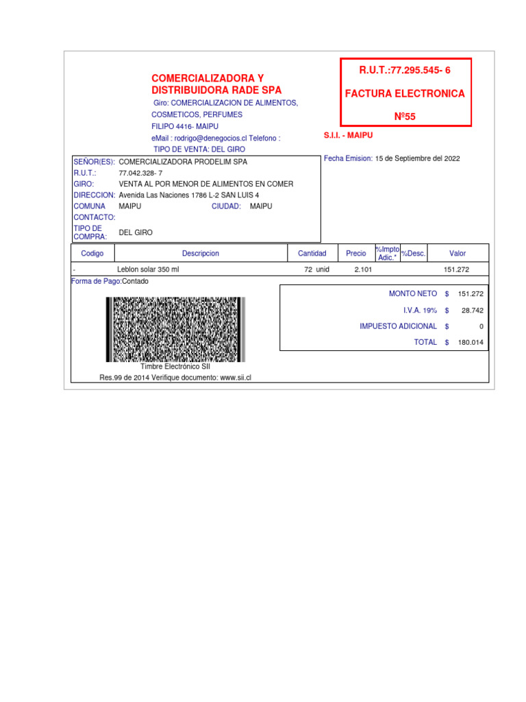 Comercializadora Y Distribuidora Rade Spa R.U.T.:77.295.545-6 Factura Electronica Nº55 | PDF