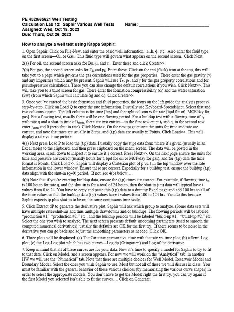 Lab Prob 12 Saphir Various Well Tests 2023 | PDF | Permeability (Earth ...