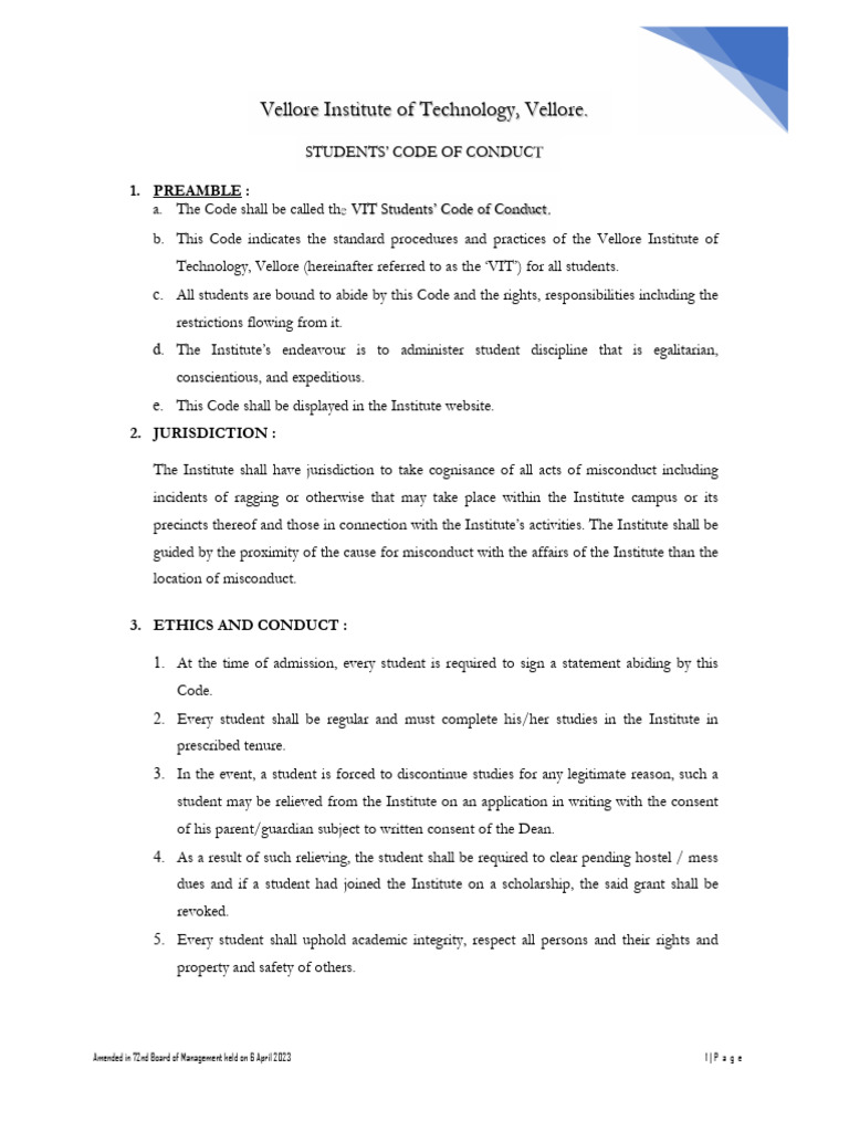 VIT Students' Code of Conduct 2023 | PDF | Fine (Penalty) | Academic ...