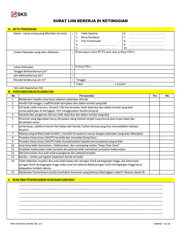 30.form Surat Ijin Bekerja Diketinggian Untuk Kontraktor Rev 2.0 | PDF
