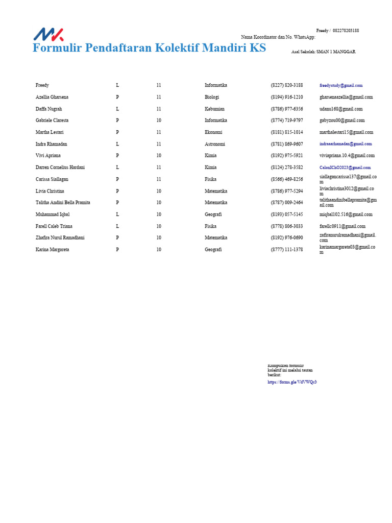 Formulir Pendaftaran Khusus Kolektif Mandiri KSN 2022 | PDF