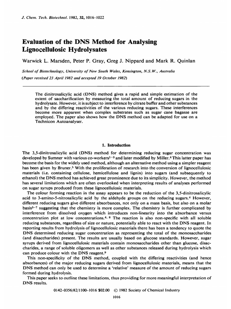 Evaluation of The DNS Method For Analysing | PDF | Hydrolysis | Glucose