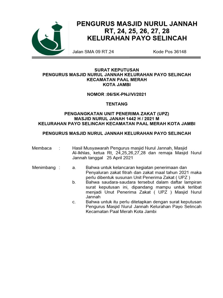 SK Pengangkatan UPZ Masjid Nurul Jannah | PDF