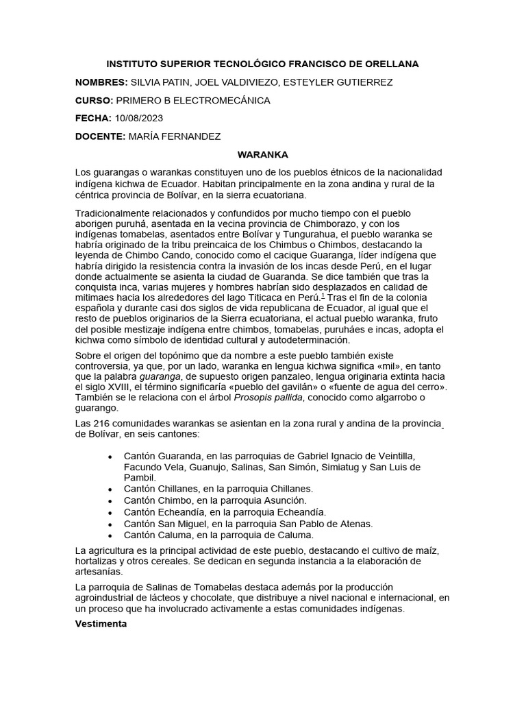 Cultura y vestimenta del pueblo Waranka | PDF | Alimentos