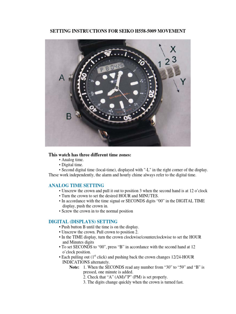 Seiko Arnie H558-5009 Setting Instructions | PDF | Clock | Equipment